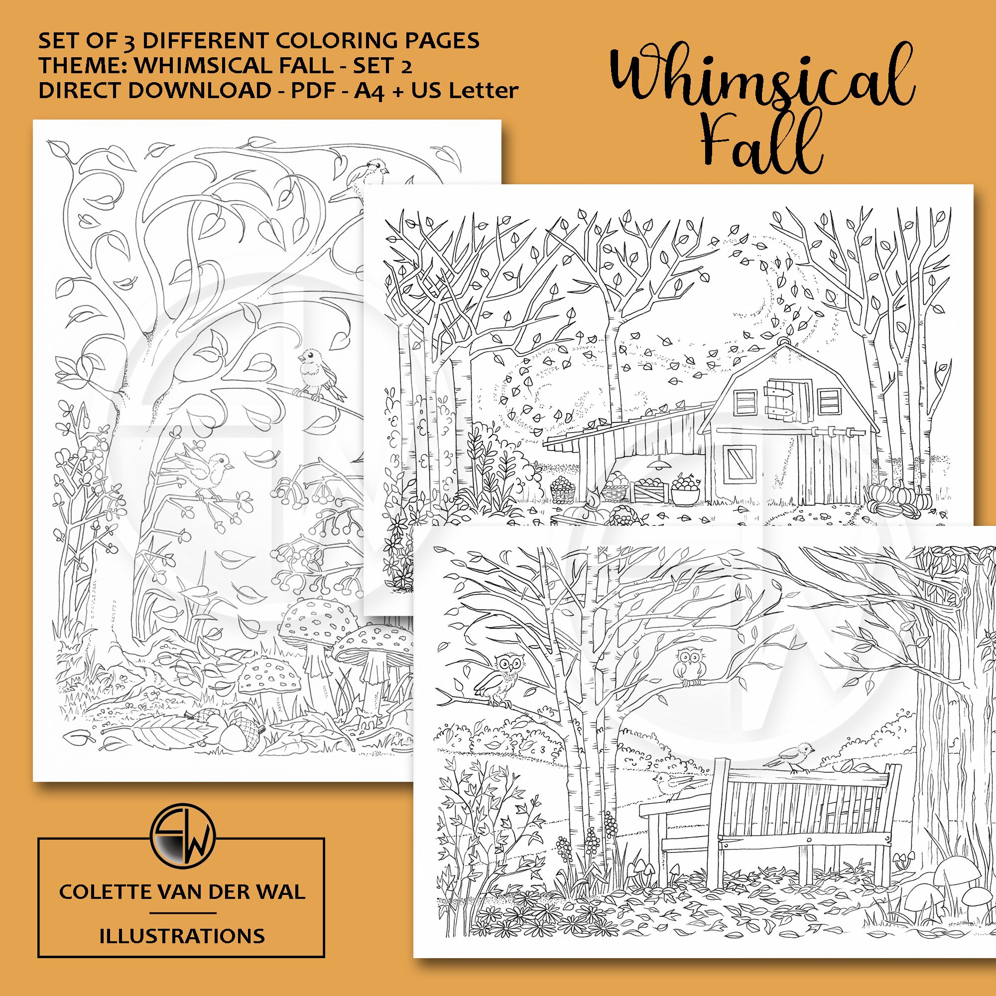 Whimsical Fall Set2 Coloring Pages 3 Different Images - Etsy