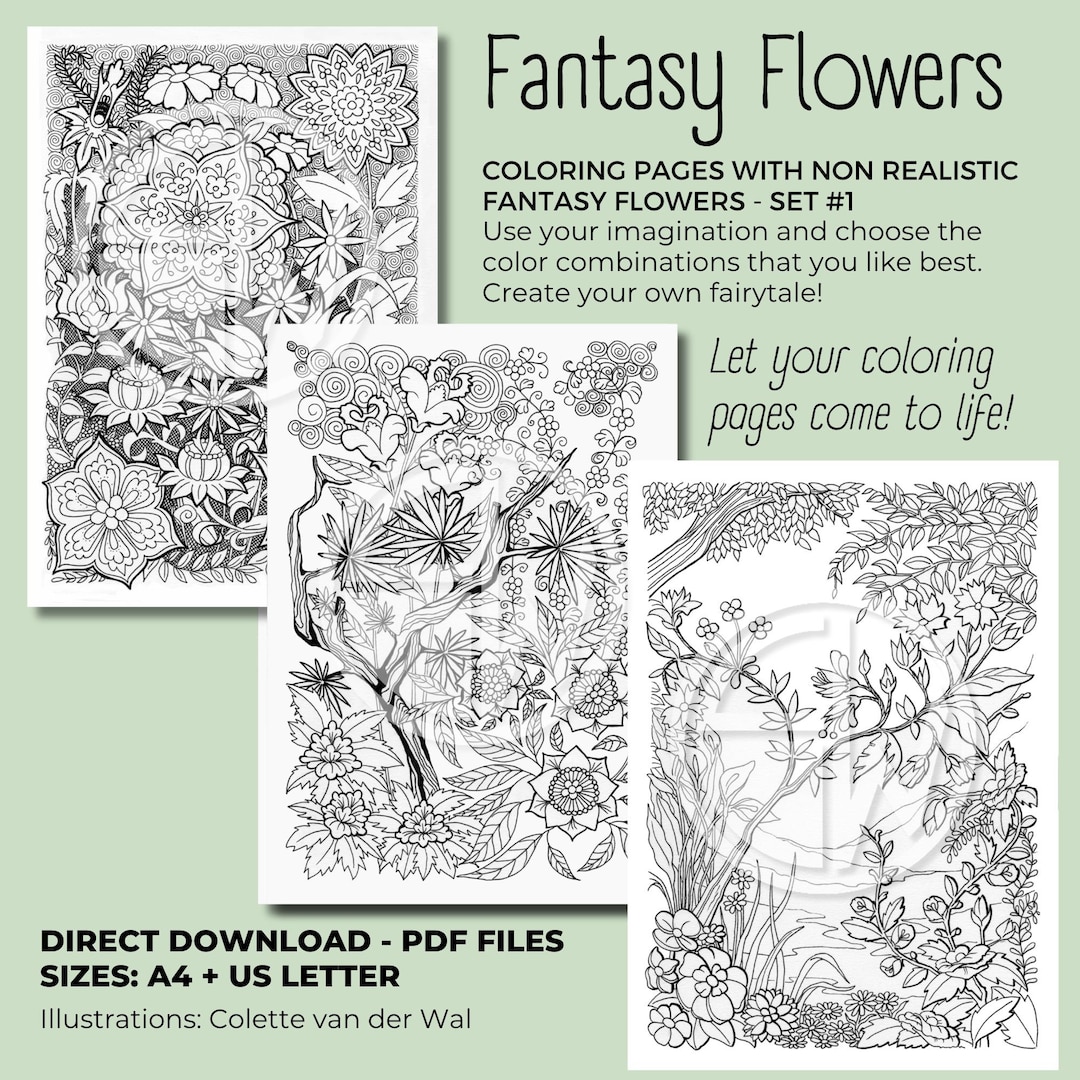 Fantasy Flowers Coloring Pages – Hand Illustrated, Set 1 (PDF Download ...