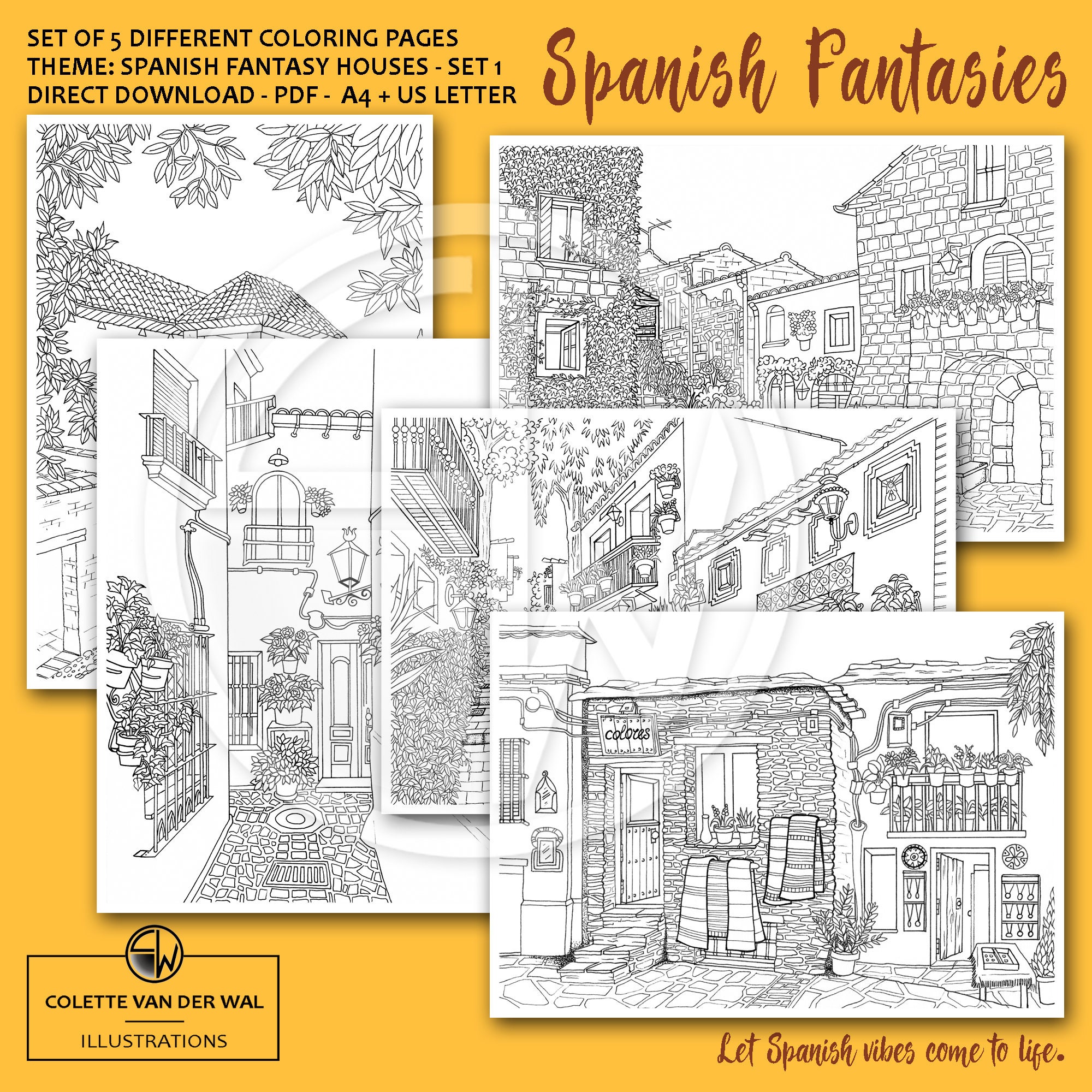 Spanish Fantasies - Set 1, Coloring Pages - Set of 5 Different Images ...