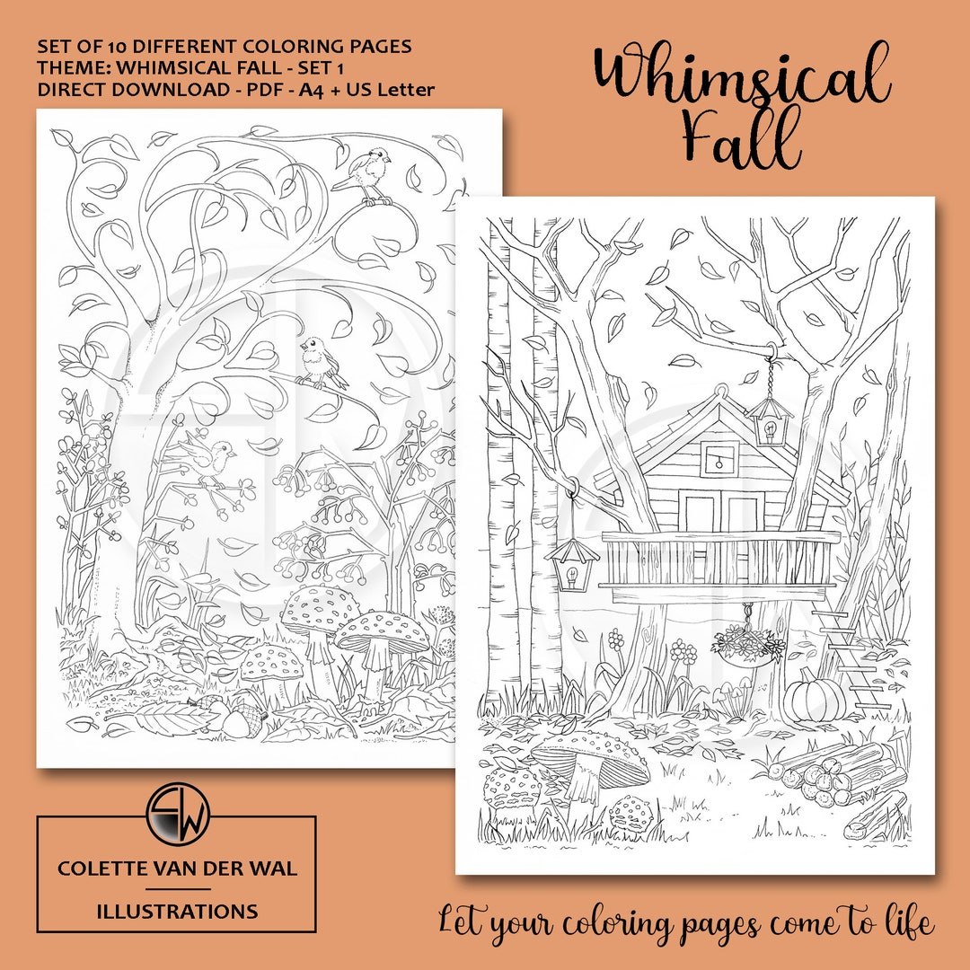 Whimsical Fall - Set1, Adult Coloring Pages - Set of 10 Different ...