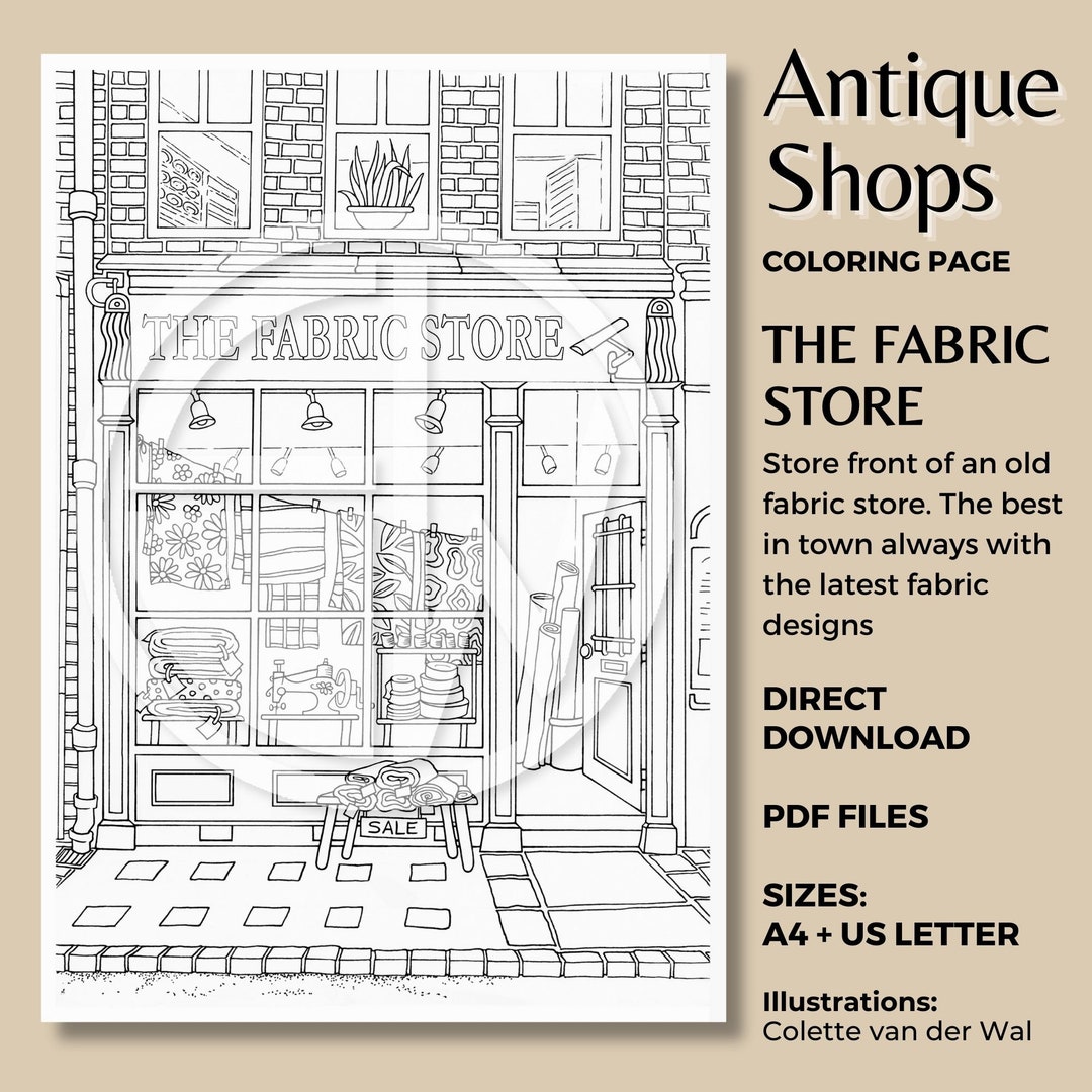 Antique Shops - the Fabric Store, Coloring Page - Store Front - Hand ...