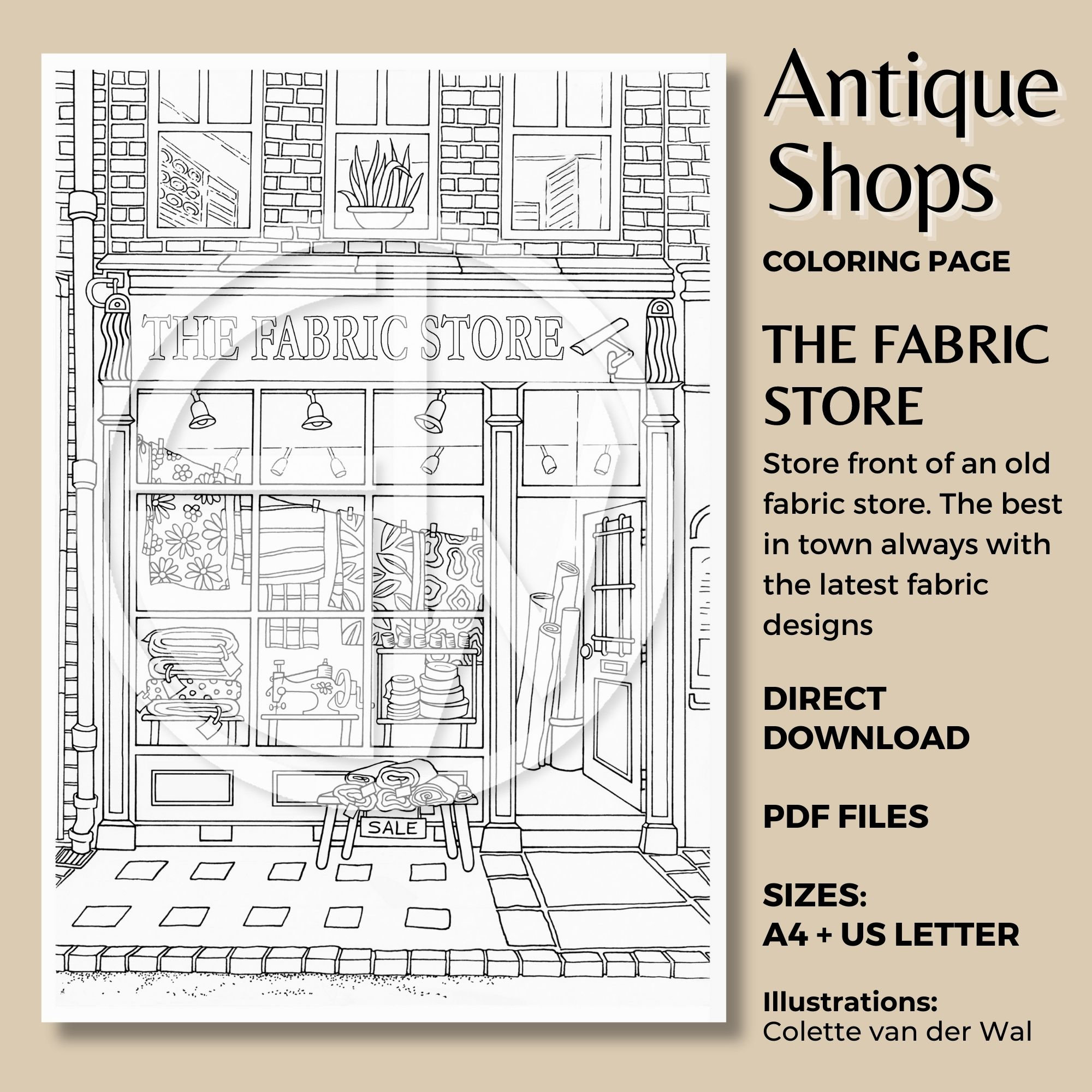 Antique Shops the Fabric Store, Coloring Page Store Front Hand ...