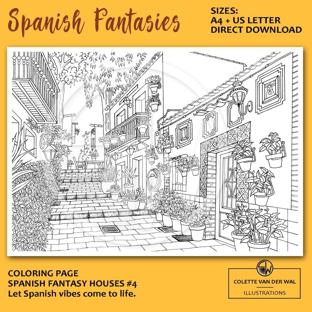 Spanish Fantasies #4, Coloring Page of Spanish Style Houses and Scenes ...