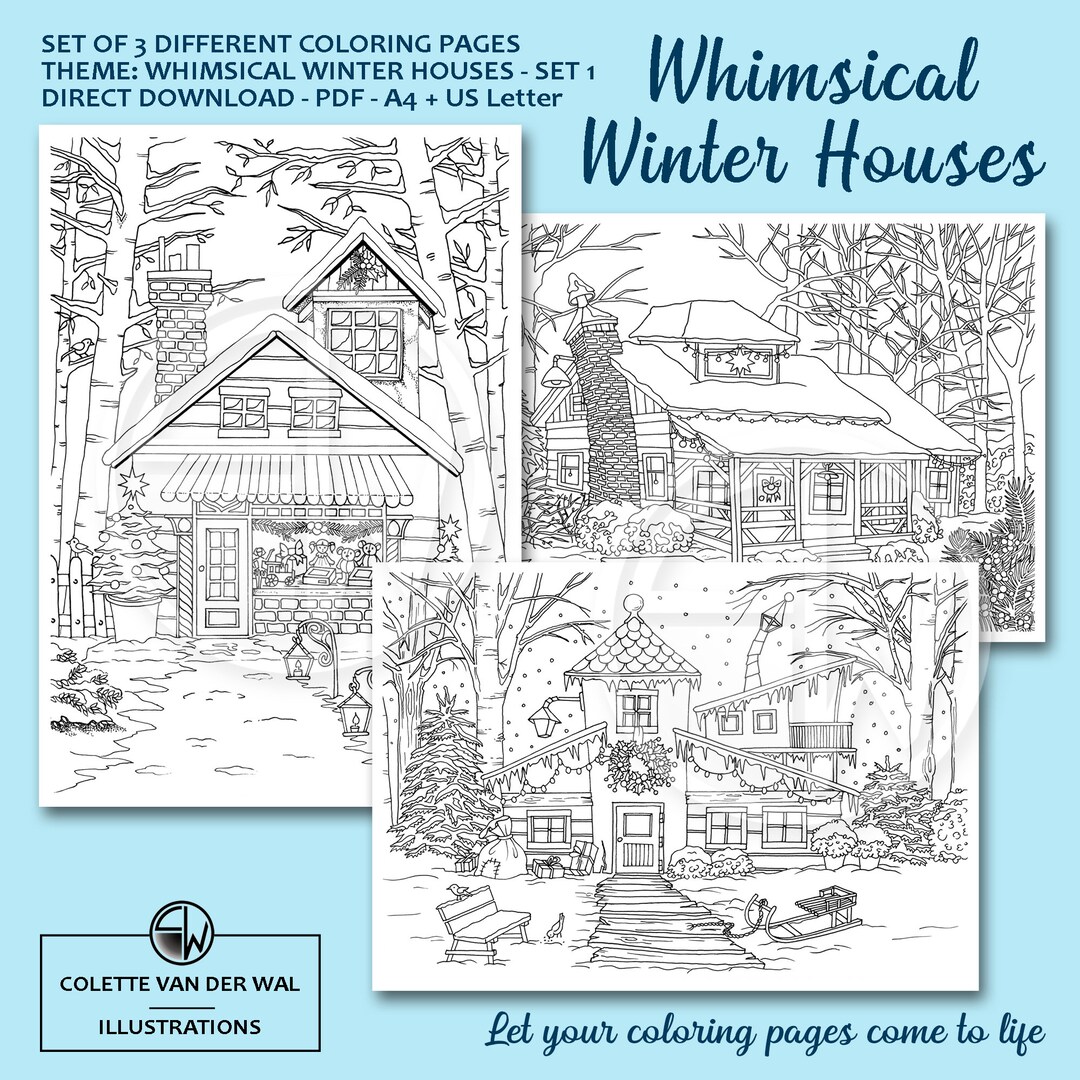 Whimsical Winter Houses - Set 1, Coloring Pages - 3 Different Images ...