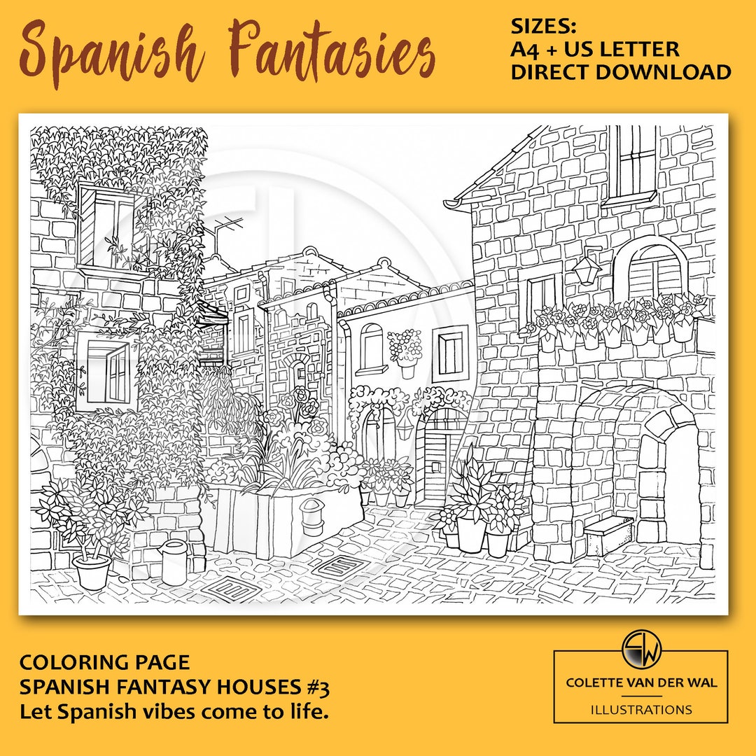 Spanish Fantasies #3, Coloring Page of Spanish Style Houses and Scenes ...