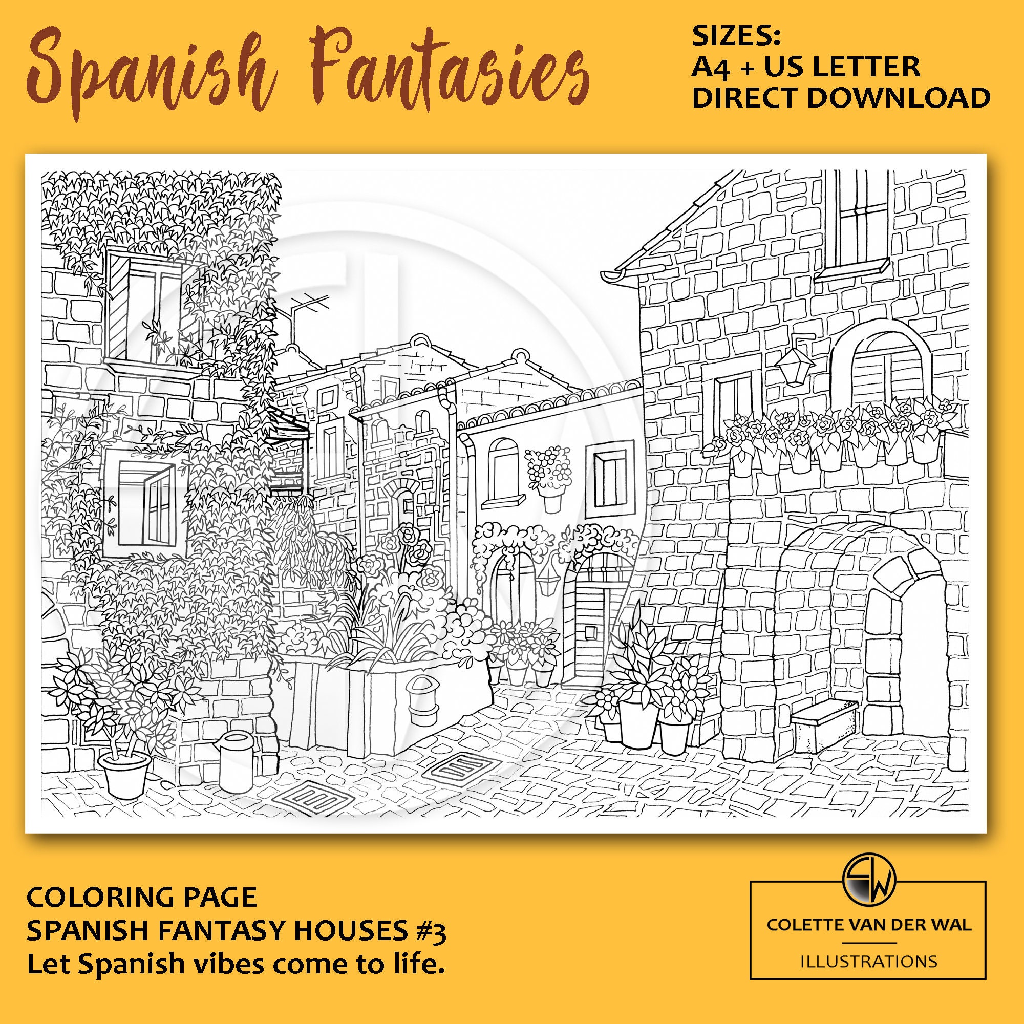 Spanish Fantasies #3, Coloring Page of Spanish Style Houses and Scenes ...