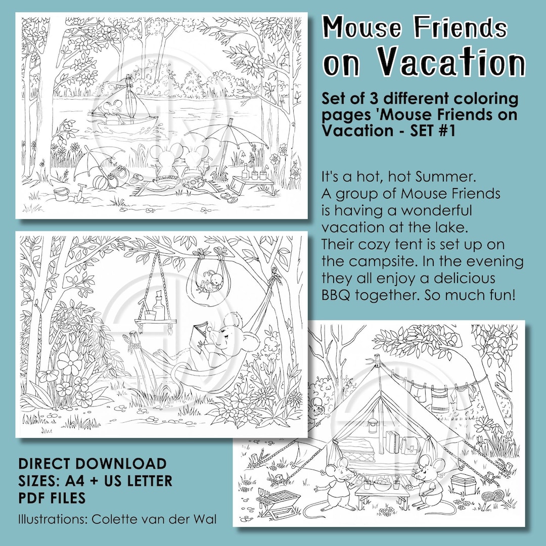 Mouse Friends on Vacation Set 1 - Coloring Pages With Cute Mice - 3 ...