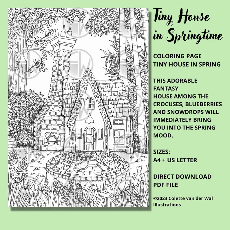 Tiny House in Springtime 1, Coloring Page of a Fantasy House in Spring ...