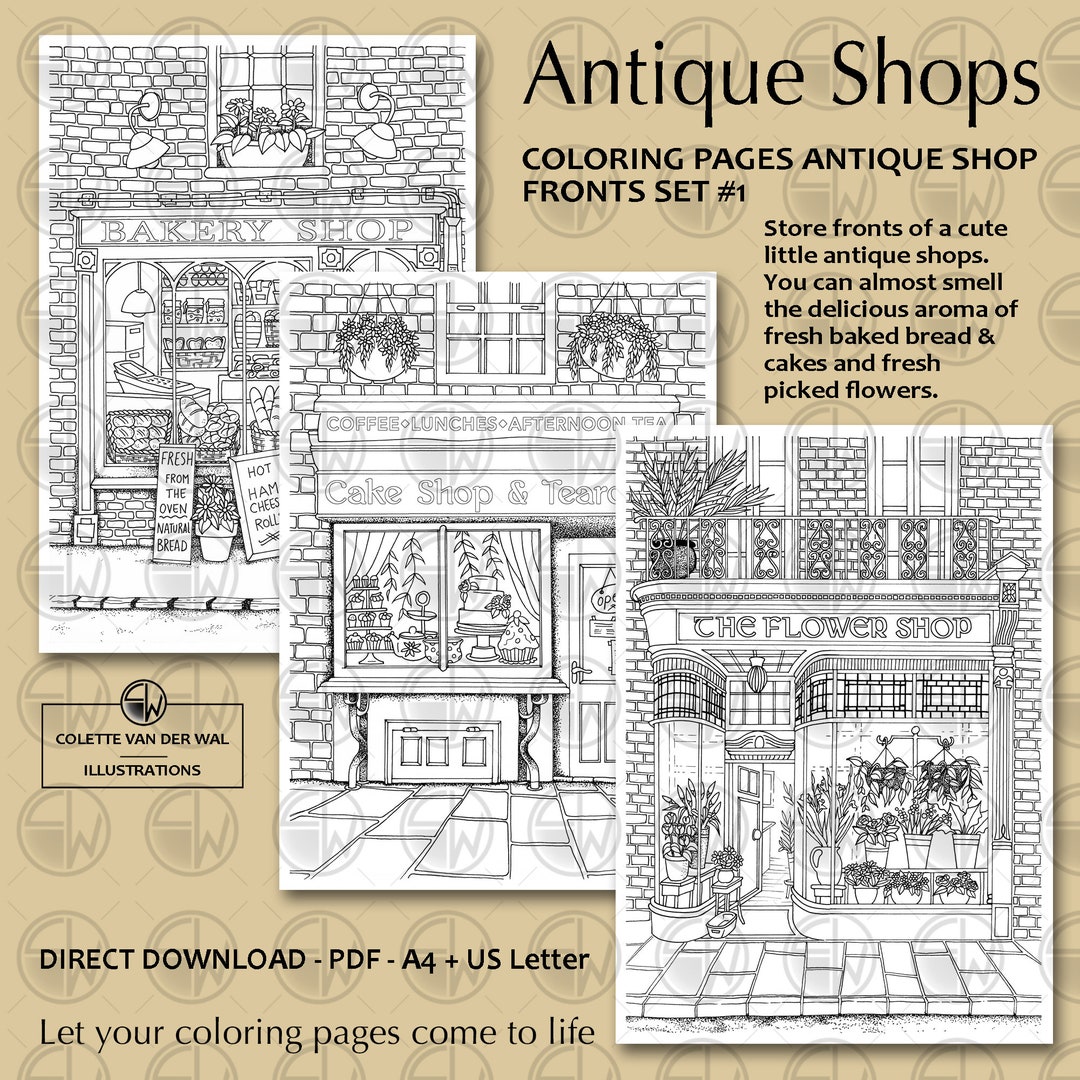 Antique SHOPS - Set 1, Coloring Pages of Old Shop Fronts - 3 Images ...