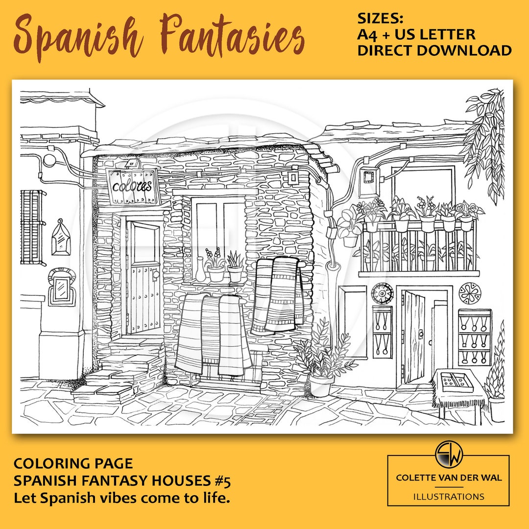 Spanish Fantasies #5, Coloring Page of Spanish Style Houses and Scenes ...