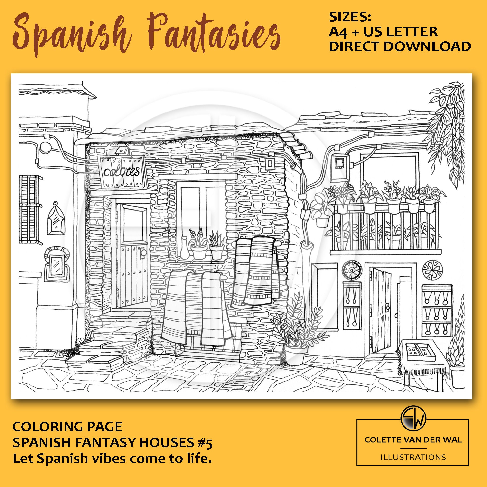 Spanish Fantasies #5, Coloring Page of Spanish Style Houses and Scenes ...