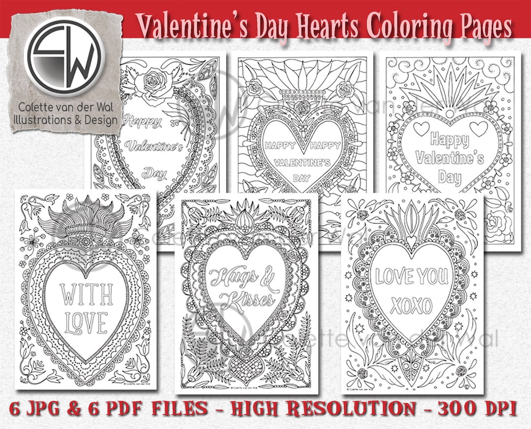 Valentine's Day Hearts - 6 Printable Coloring Pages - Valentine's Day ...