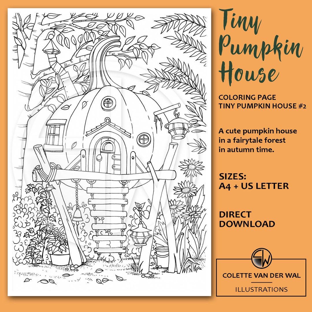 Tiny Pumpkin House #2, Coloring Page of a Pumpkin House in the Fall ...