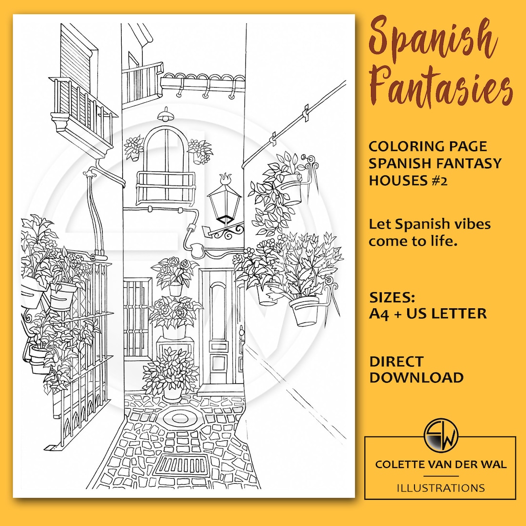Spanish Fantasies #2, Coloring Page of Spanish Style Houses and Scenes ...