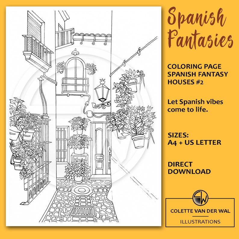 Spanish Fantasies #2, Coloring Page of Spanish Style Houses and Scenes ...