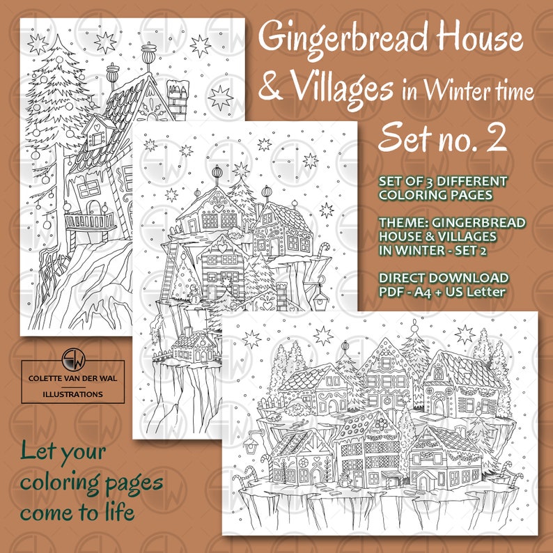 Gingerbread House & Villages in Winter - Set 2, Coloring Pages - 3 ...