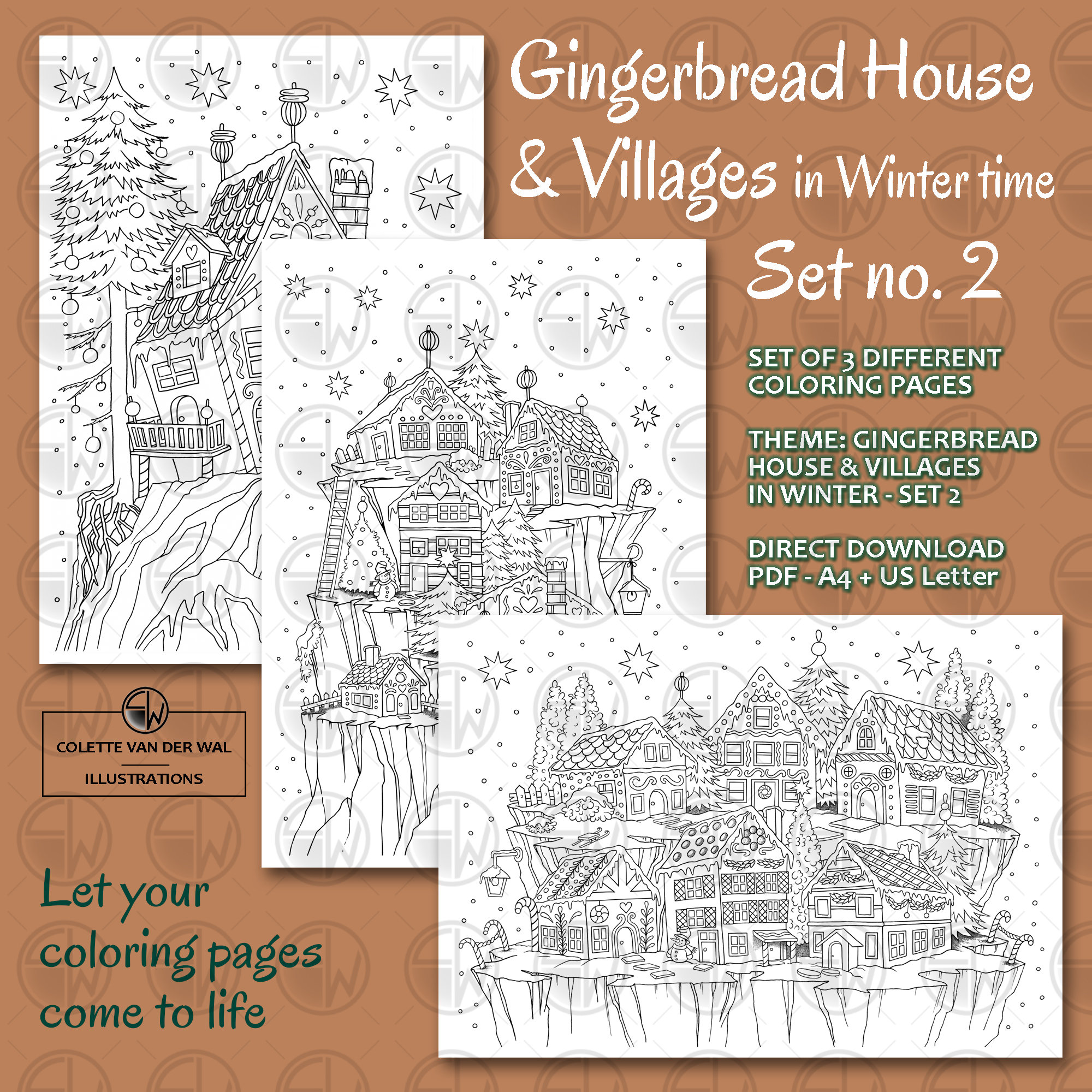 Gingerbread House & Villages in Winter Set 2, Coloring Pages 3 Images ...