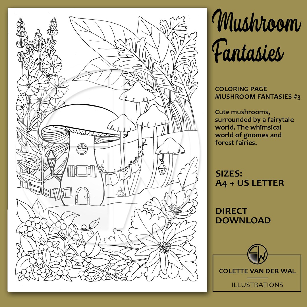 Mushroom Fantasies - Adult Coloring Page #3 - Hand Illustrated Mushroom ...