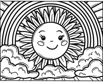 Rainbow and Sunshine Coloring Page | Kids Printable Coloring Page - Etsy