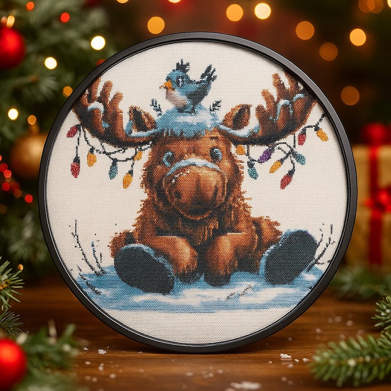Christmas Moose Cross Stitch Pattern, Cute Winter Moose With Lights PDF ...