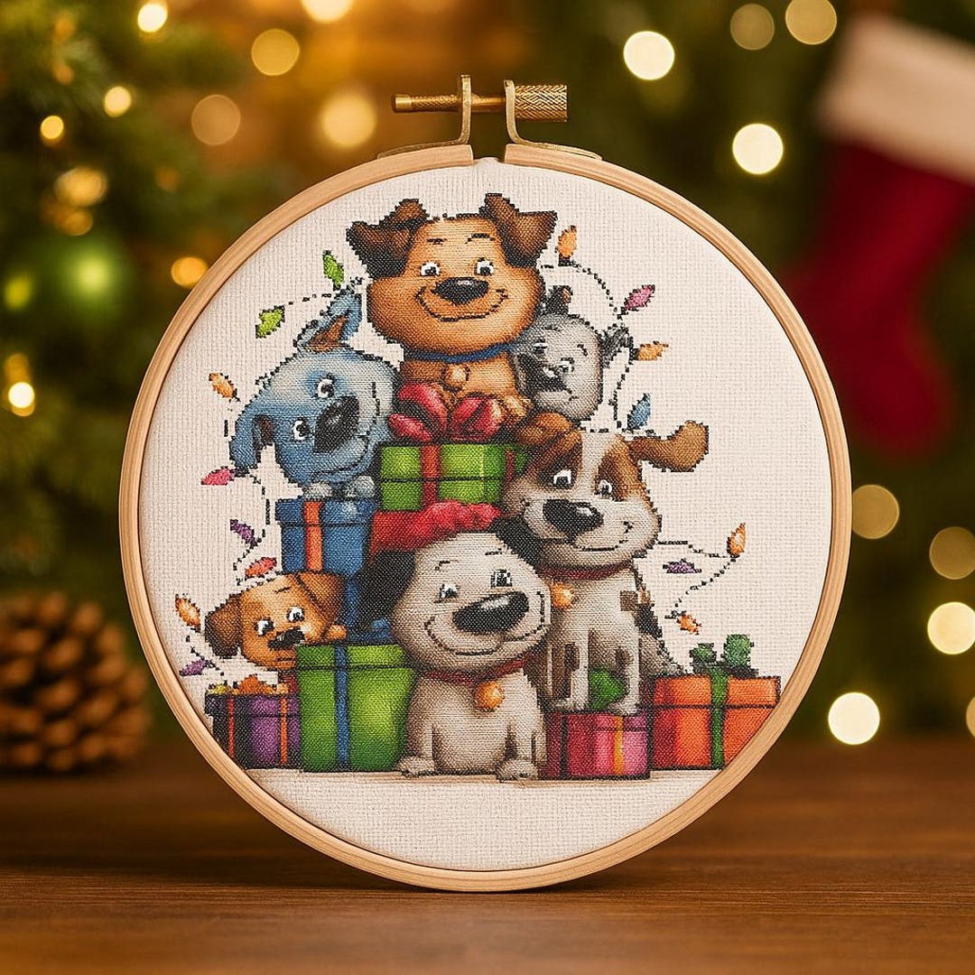 Christmas Dogs Cross Stitch Pattern – Cute Puppies With Gifts & Lights ...