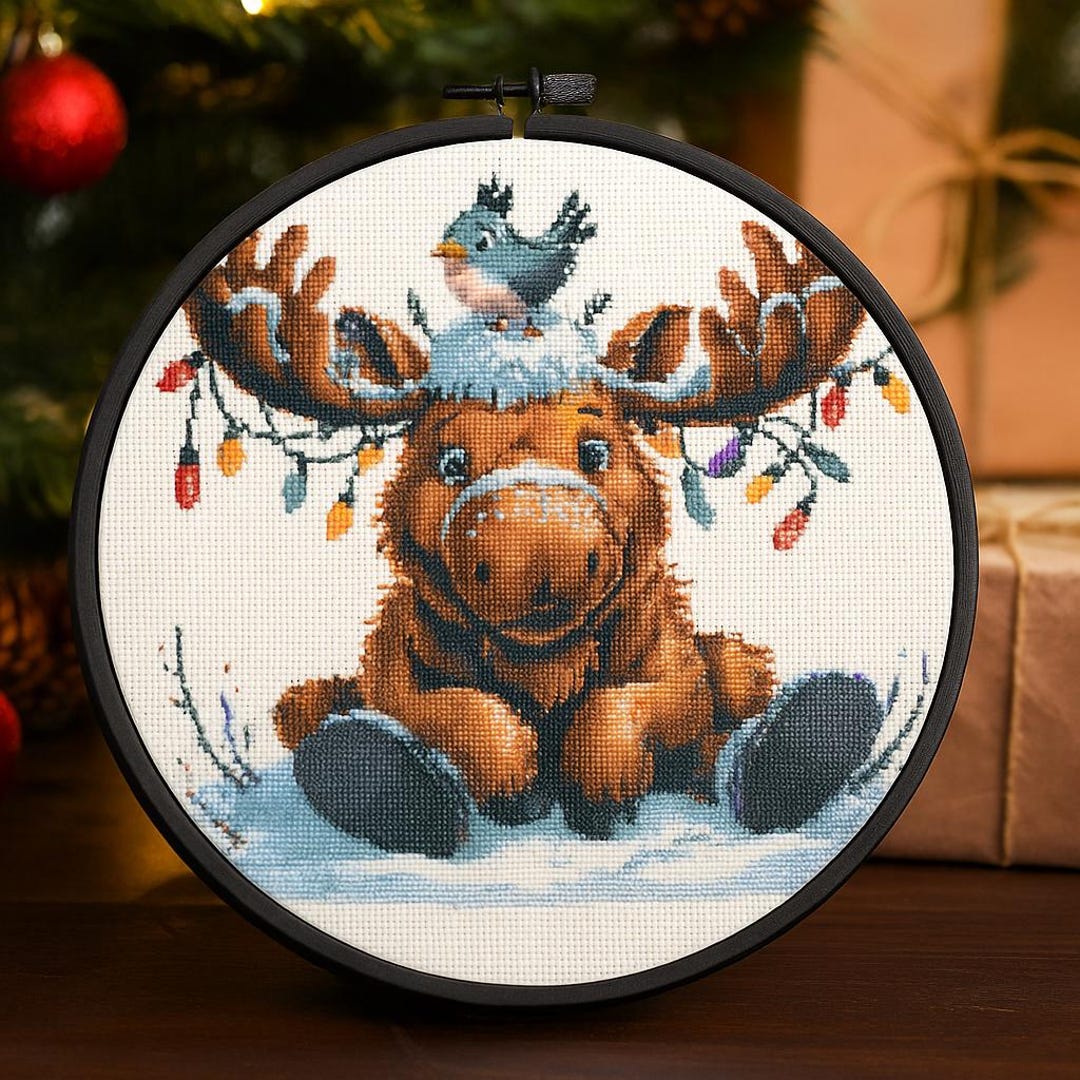 Christmas Moose Cross Stitch Pattern, Cute Winter Moose With Lights PDF ...