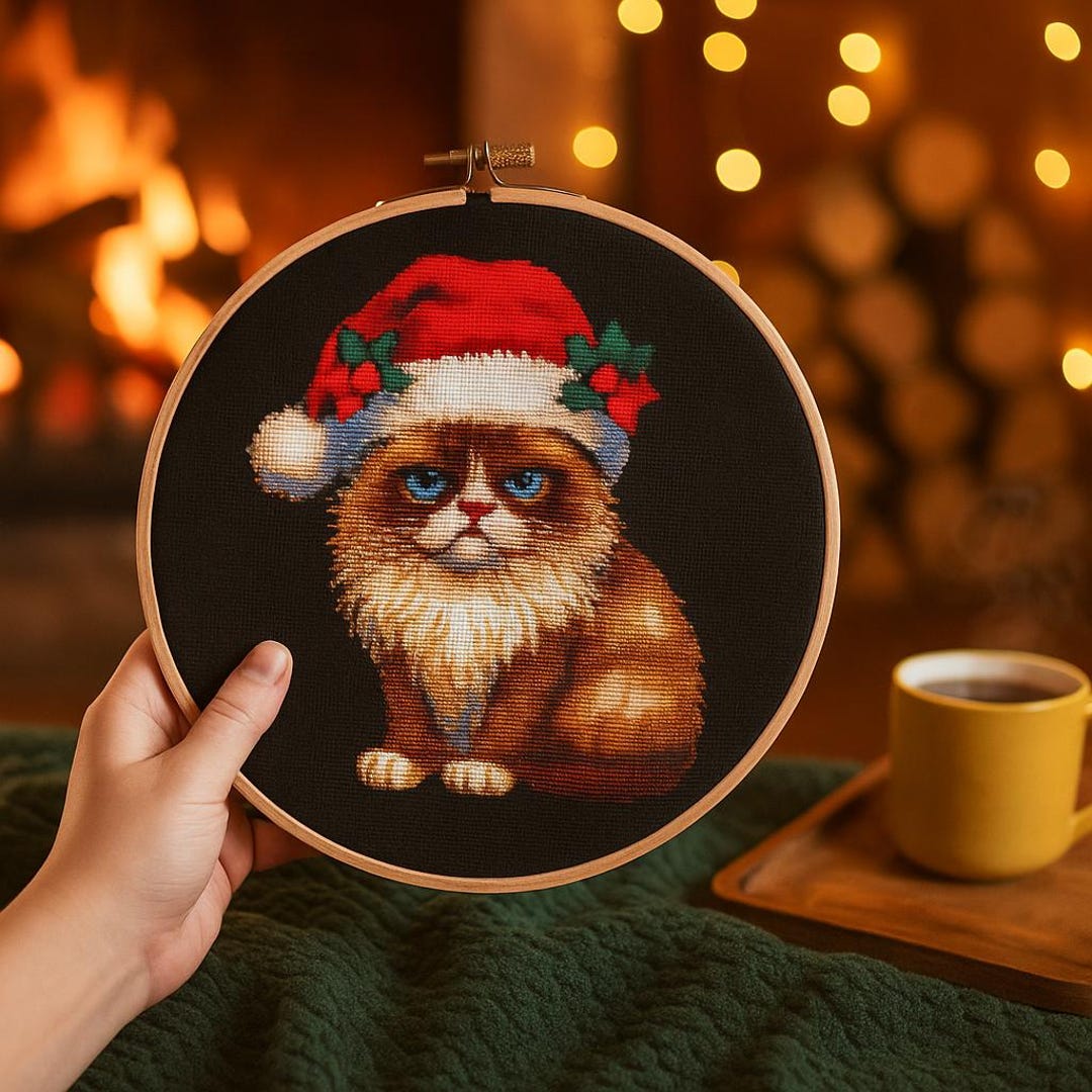 Grumpy Cat Christmas Cross Stitch Pattern, Holiday Cat Embroidery ...