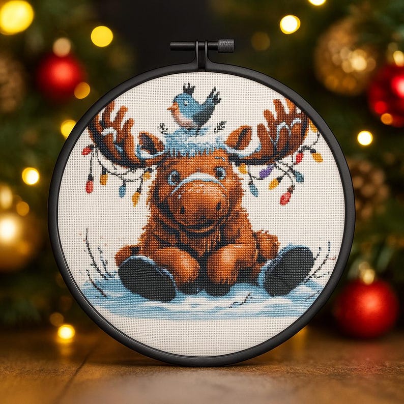 Christmas Moose Cross Stitch Pattern, Cute Winter Moose With Lights PDF ...