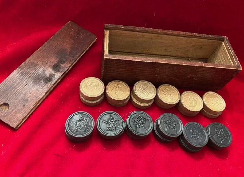 Antique Checkers 24 Wood Pieces in Early Wooden Box - Etsy