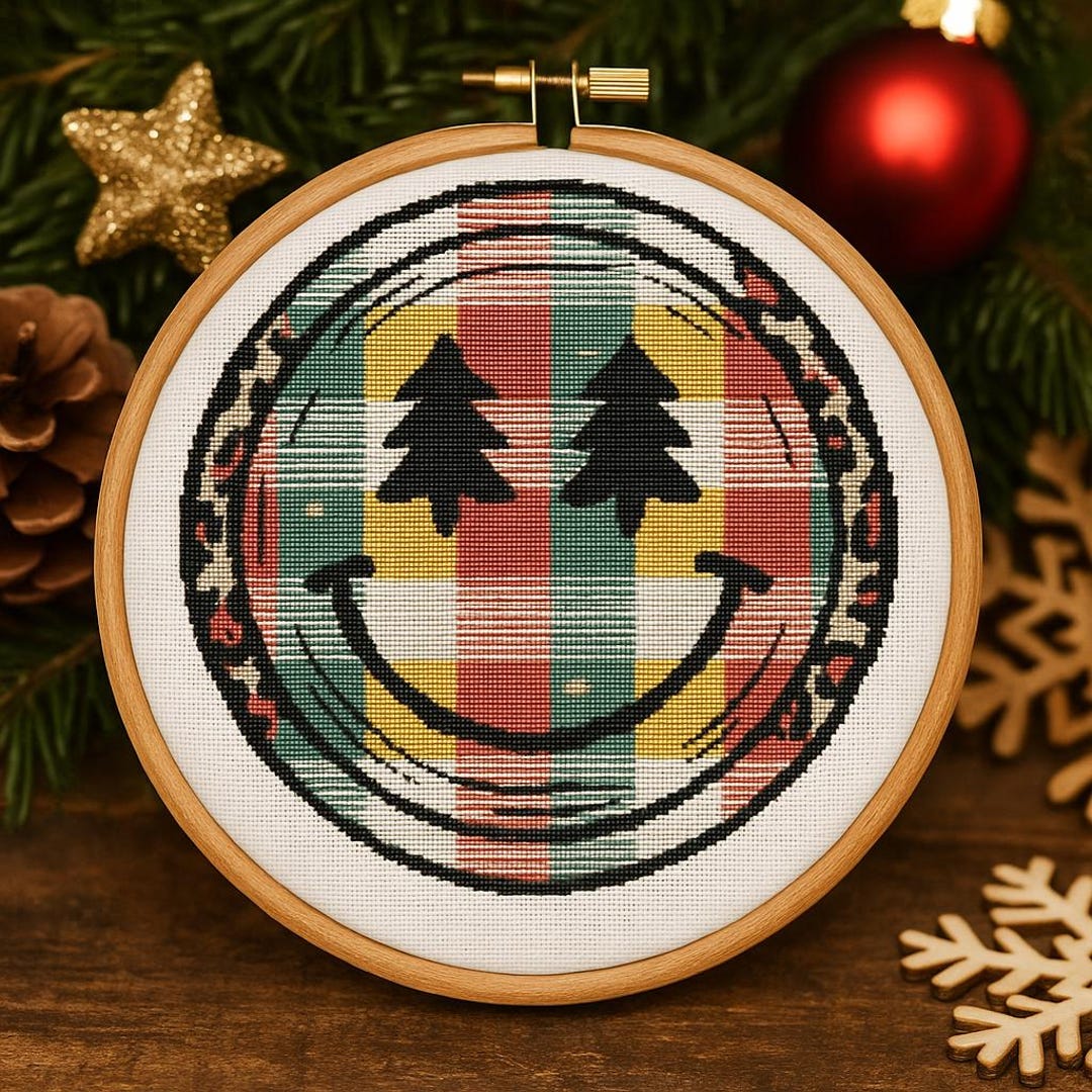 Plaid Smiley Face Cross Stitch Pattern, Christmas Checkered Embroidery ...