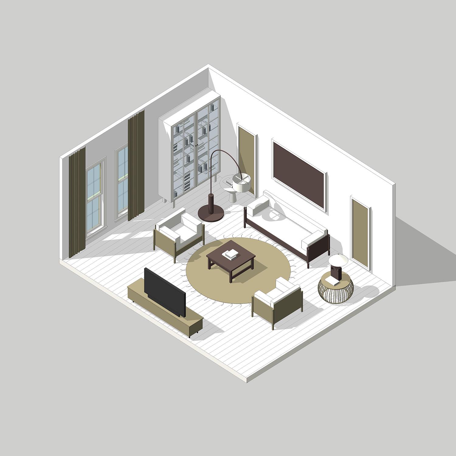 35 Revit (.rfa) Objects for Interior Design - 1+1 Rooms Package - Modern Bedroom + Living Room ...