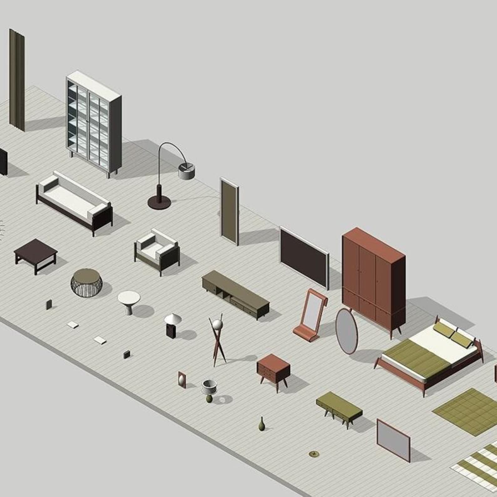 35 Revit (.rfa) Objects for Interior Design - 1+1 Rooms Package - Modern Bedroom + Living Room ...