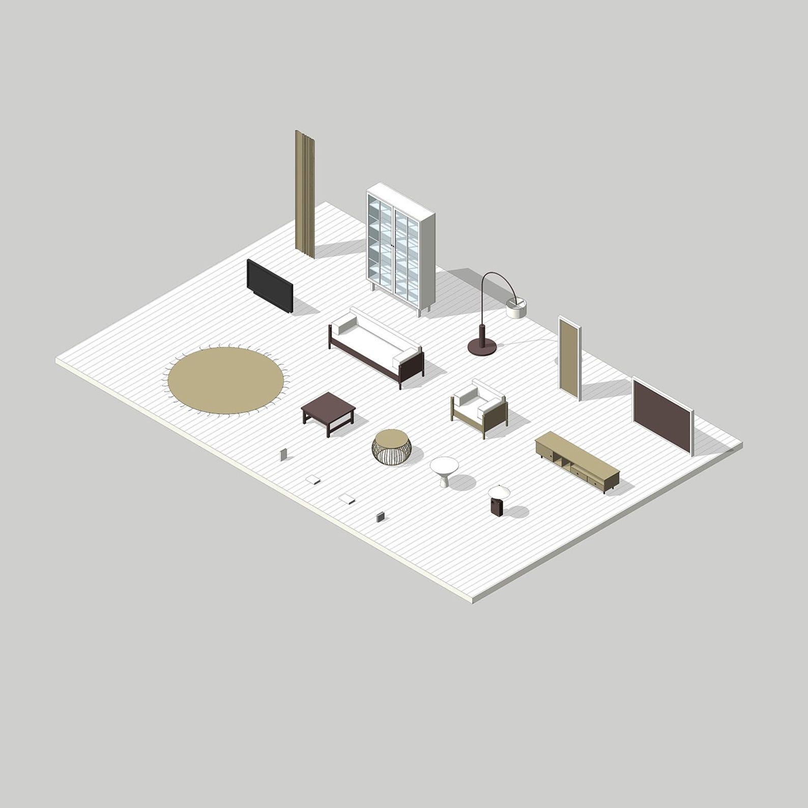 35 Revit (.rfa) Objects for Interior Design - 1+1 Rooms Package - Modern Bedroom + Living Room ...