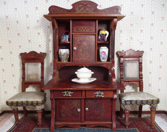 Antique German Dollhouse Furniture Art Nouveau Style Step Back Wall Cabinet Larger 1 1 2 Scale Etsy
