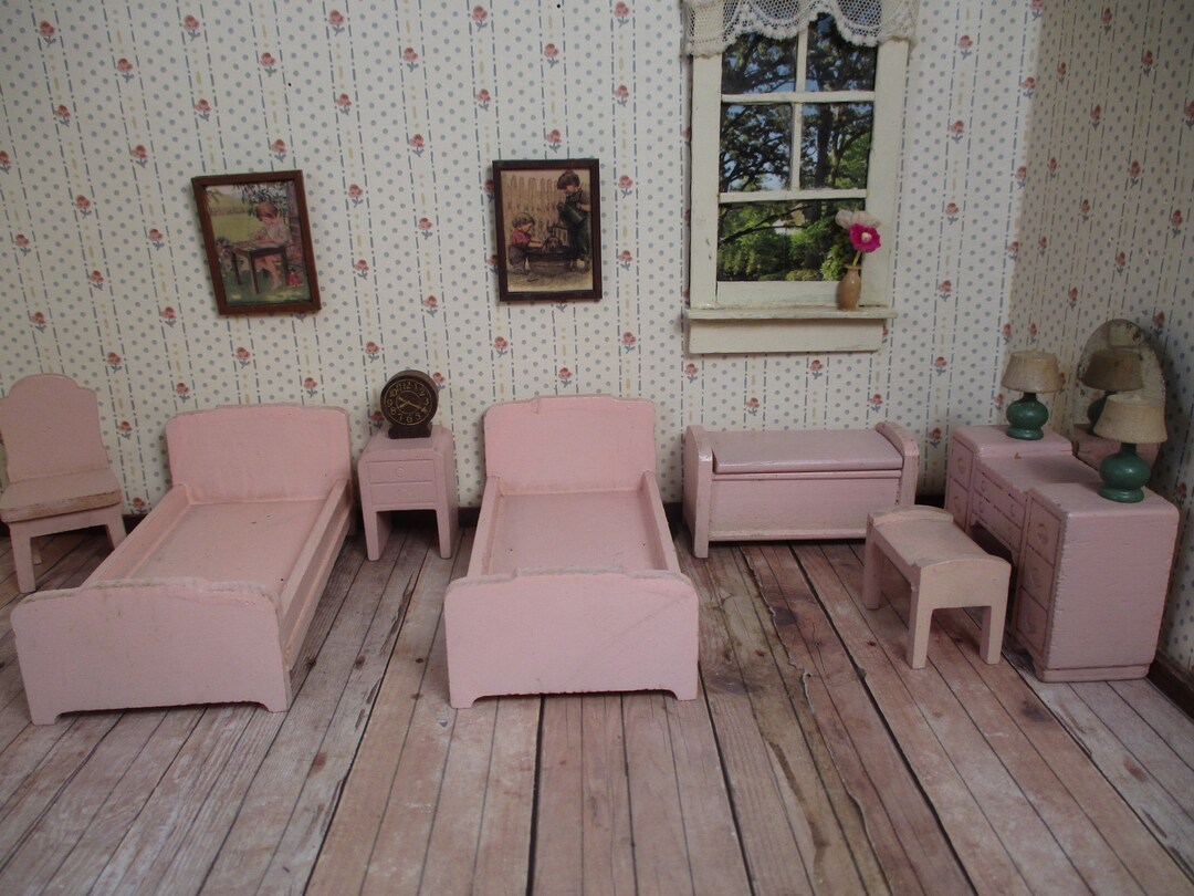 Vintage Dollhouse Furniture Strombecker Bedroom Set in Pink From 1942 1 ...