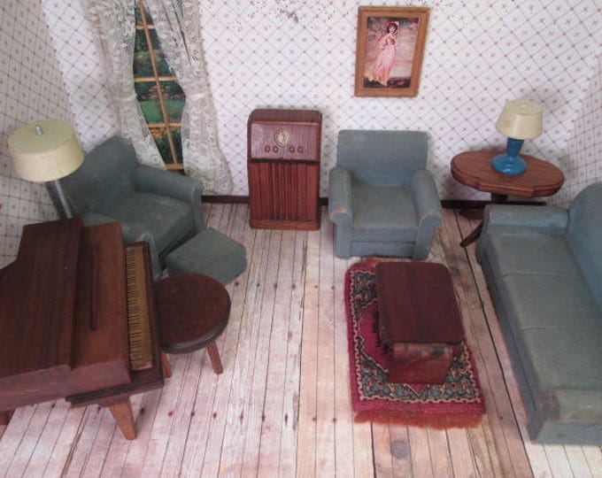 Strombecker Wooden Dollhouse Furniture 11 Piece Walnut Living Room Set ...