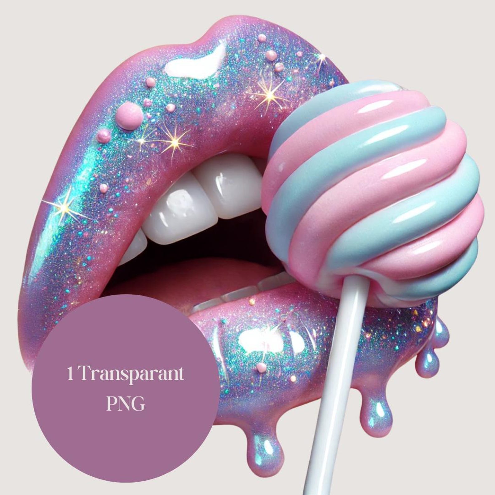 Pastel Dripping Lips PNG With Pink and Blue Glitter Lollipop Clipart ...