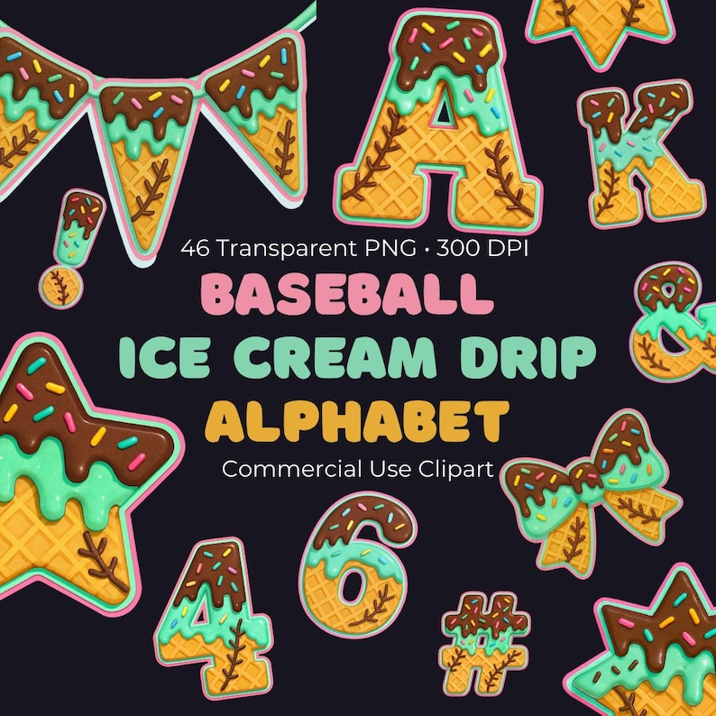 Baseball Ice Cream Drip Alphabet Clipart: Waffle Font (PNG) - Etsy