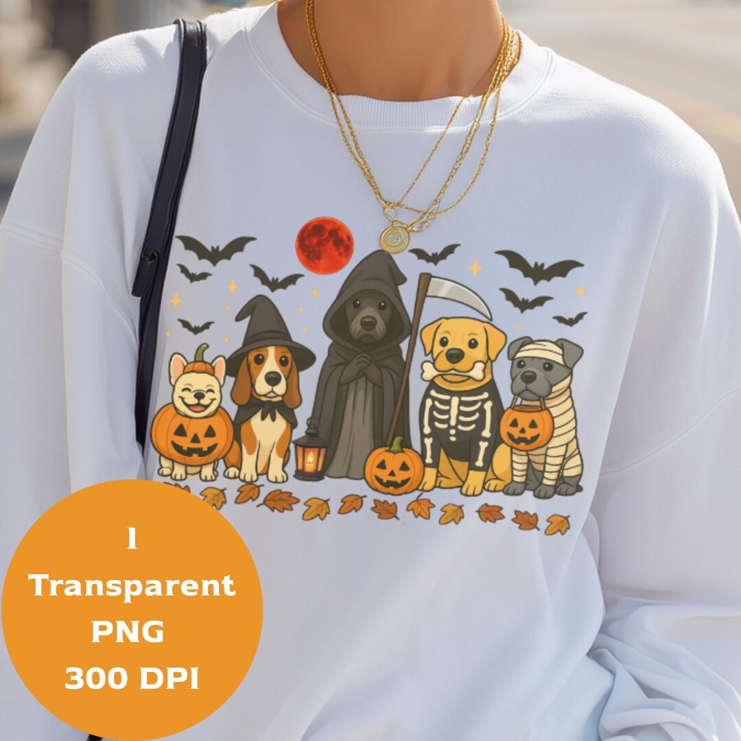 Cute 5 Dogs in Halloween Costume PNG | Grim Reaper Skeleton Pumpkin ...