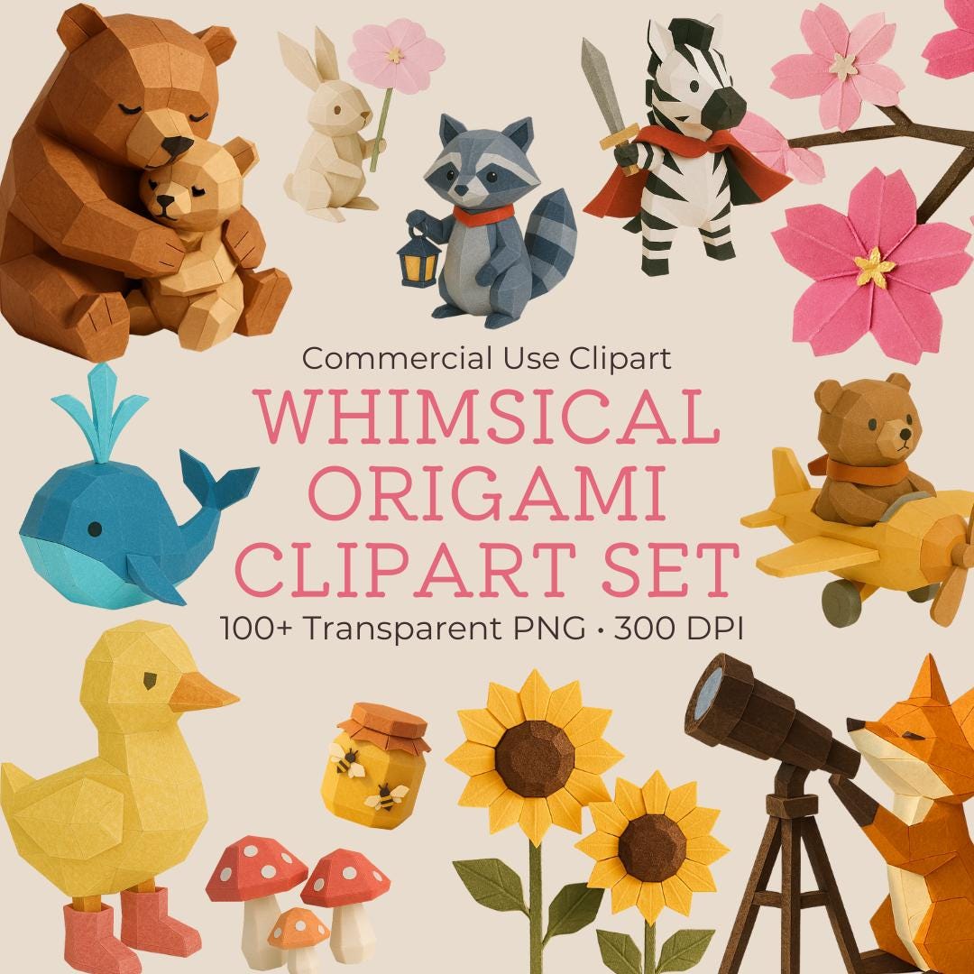 Whimsical Origami Clipart Set With 100+ Transparent PNG Files | Cute ...