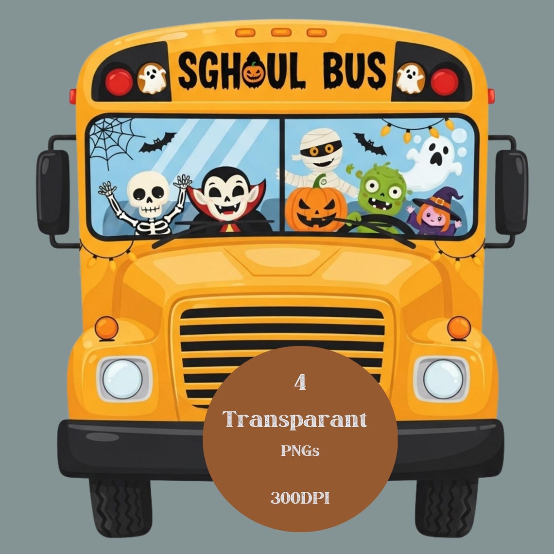 Halloween School Bus PNG Bundle | 4 Transparent 300 DPI Ghoul Bus ...