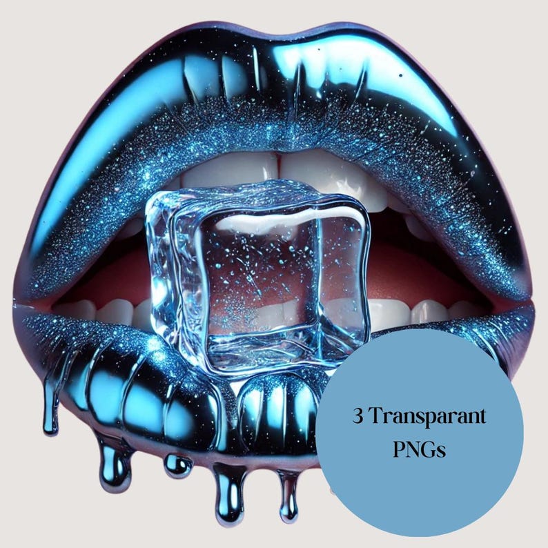 Icy Dripping Lips PNG With Blue Metallic Lips and Ice Cube Clipart for ...