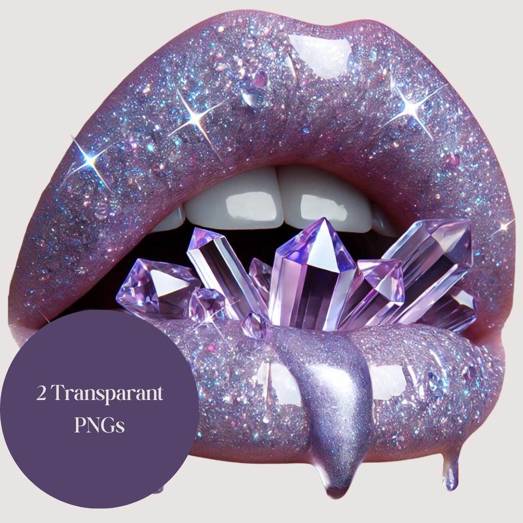 Crystal Dripping Lips PNG With Purple Glitter Lips and Amethyst Cluster ...