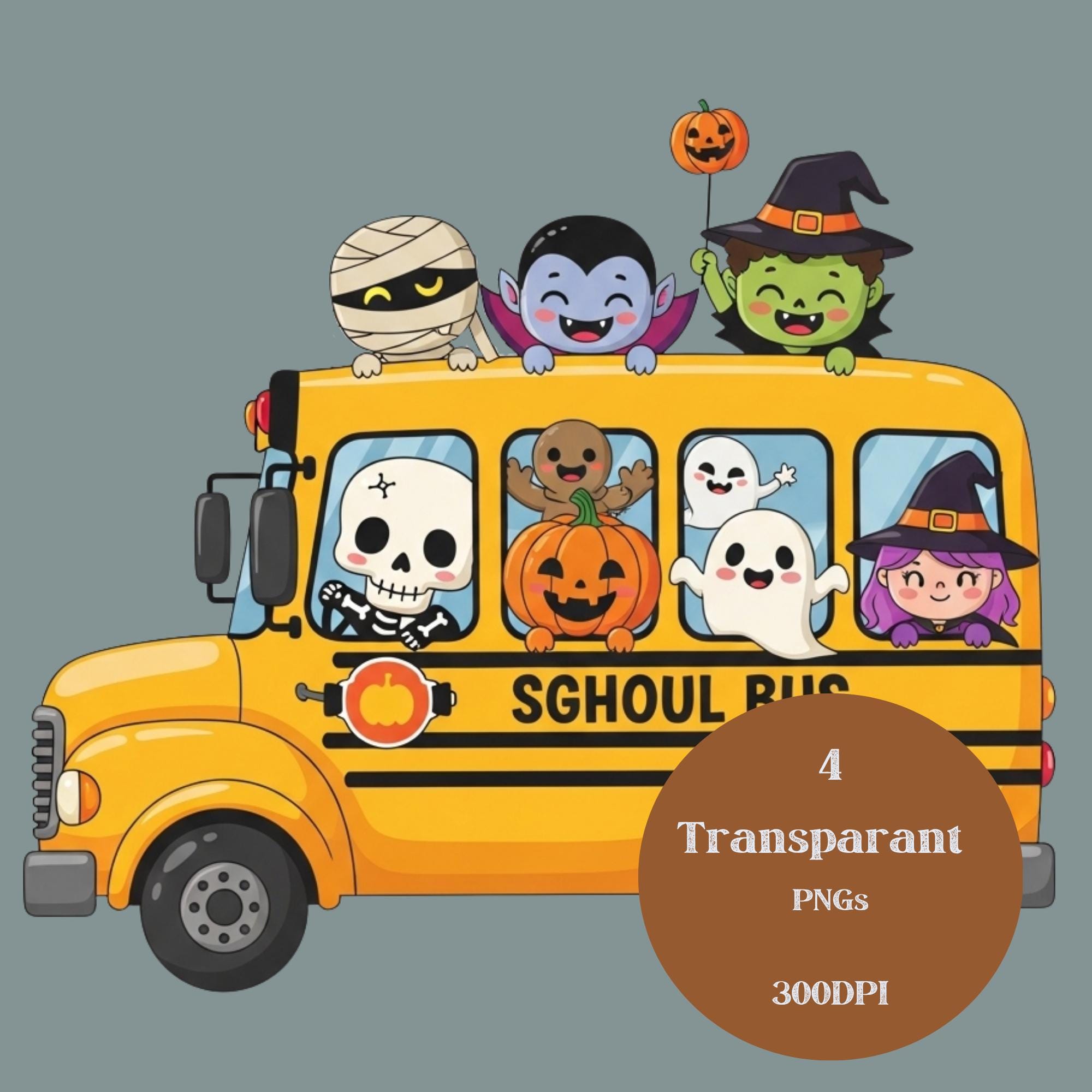 Halloween School Bus PNG Bundle | 4 Transparent 300 DPI Ghoul Bus ...