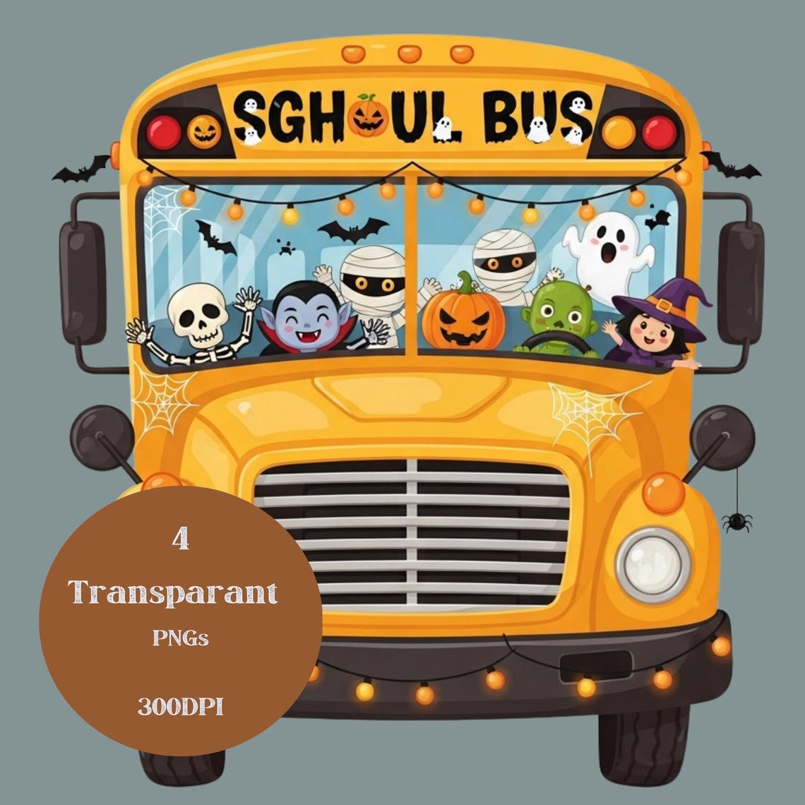 Halloween School Bus PNG Bundle | 4 Transparent 300 DPI Ghoul Bus ...