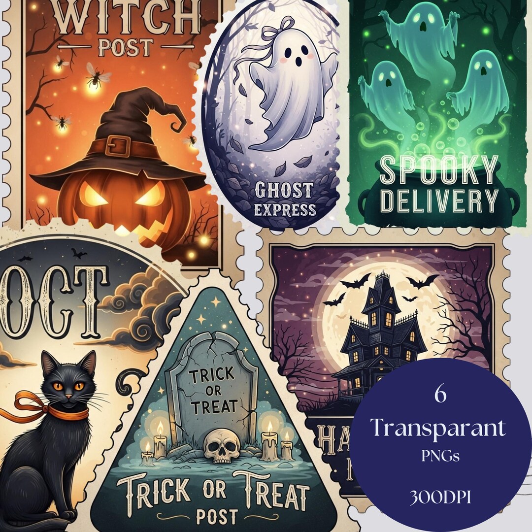 Vintage Halloween Postage Stamp PNG Bundle, Spooky Mail Clipart ...