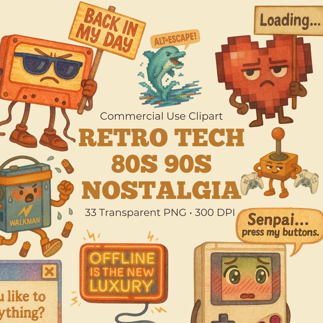 Retro Tech Clipart PNG Bundle – 80s 90s Nostalgia Funny Characters ...