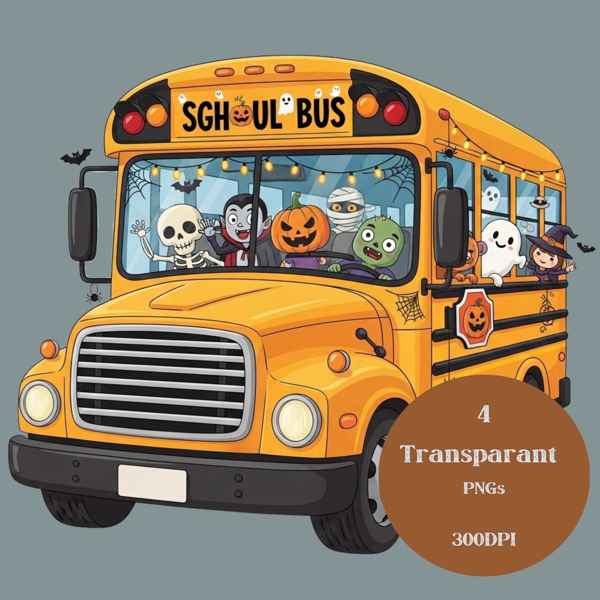 Halloween School Bus PNG Bundle | 4 Transparent 300 DPI Ghoul Bus ...