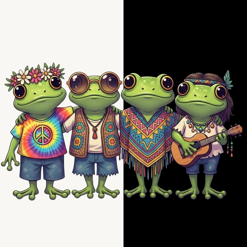 Rana hippie PNG con símbolo de la paz, camiseta teñida y corona de ...