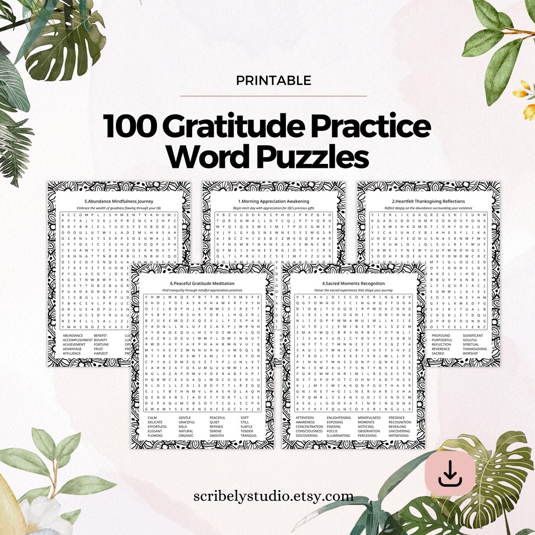 100 Gratitude Word Search Puzzles, Self Care Practice (printable ...